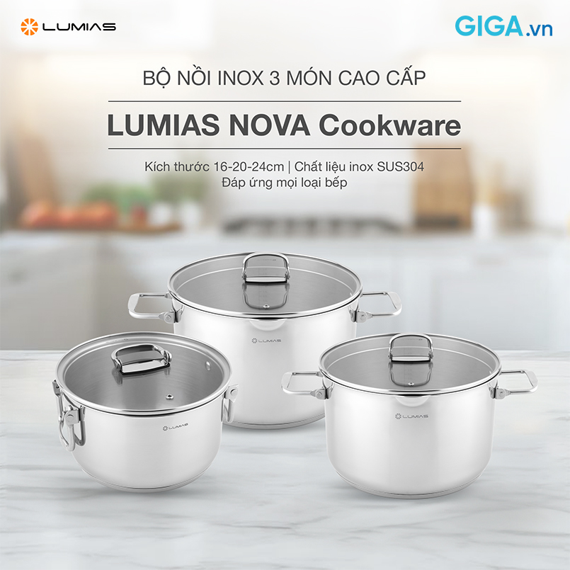 Bộ nồi inox 3 món cao cấp Lumias NOVA Cookware với các kích thước phổ ...